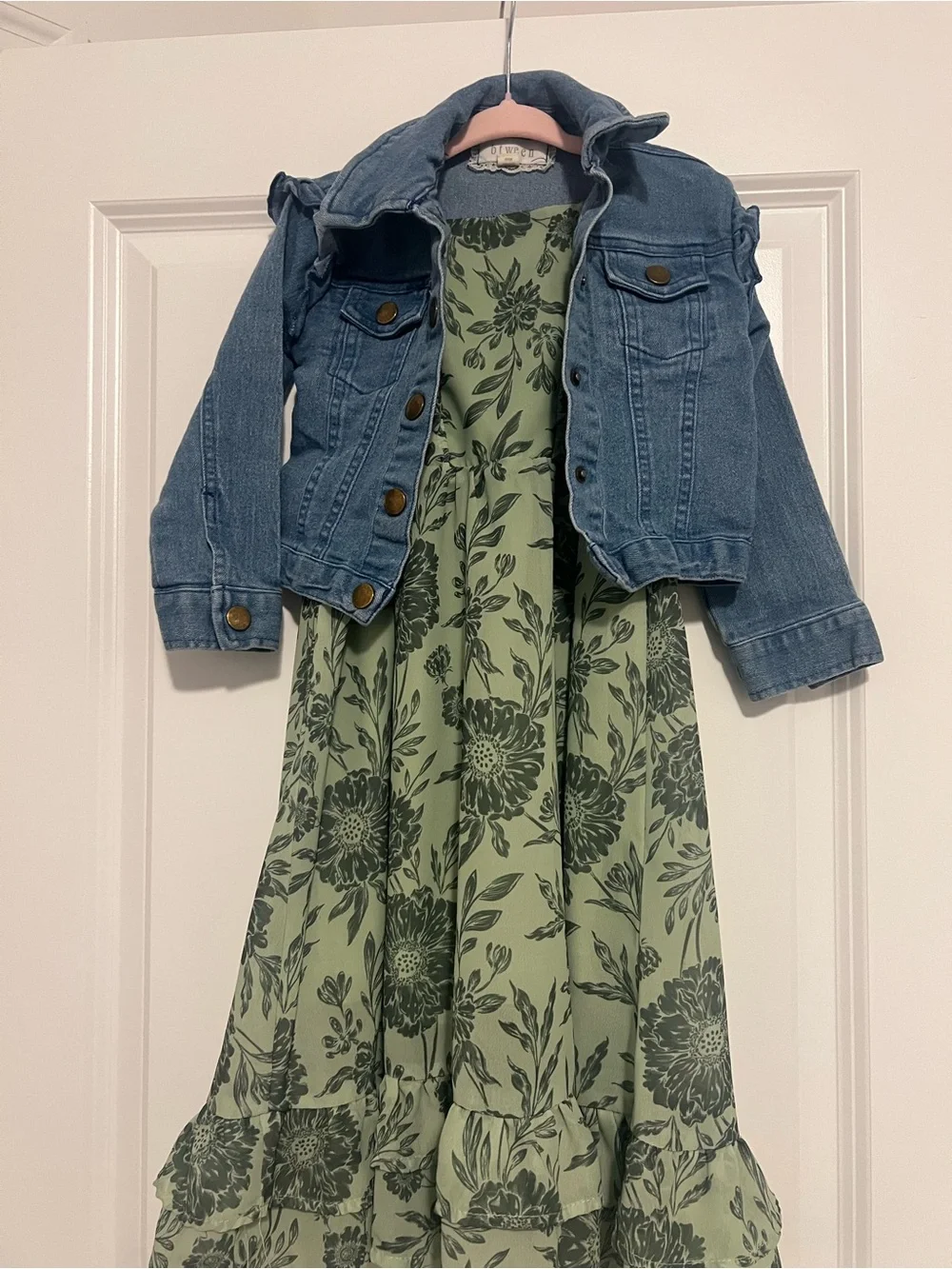 btween | Dresses | Btween Green Floral Dress With Blue Denim Jacket ...